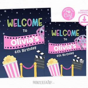 Movie Party Welcome Sign Template, Editable Movie Night Birthday Party ...