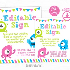 Sign, Little Monster Birthday Party EDITABLE Sign, Monsters Party ...