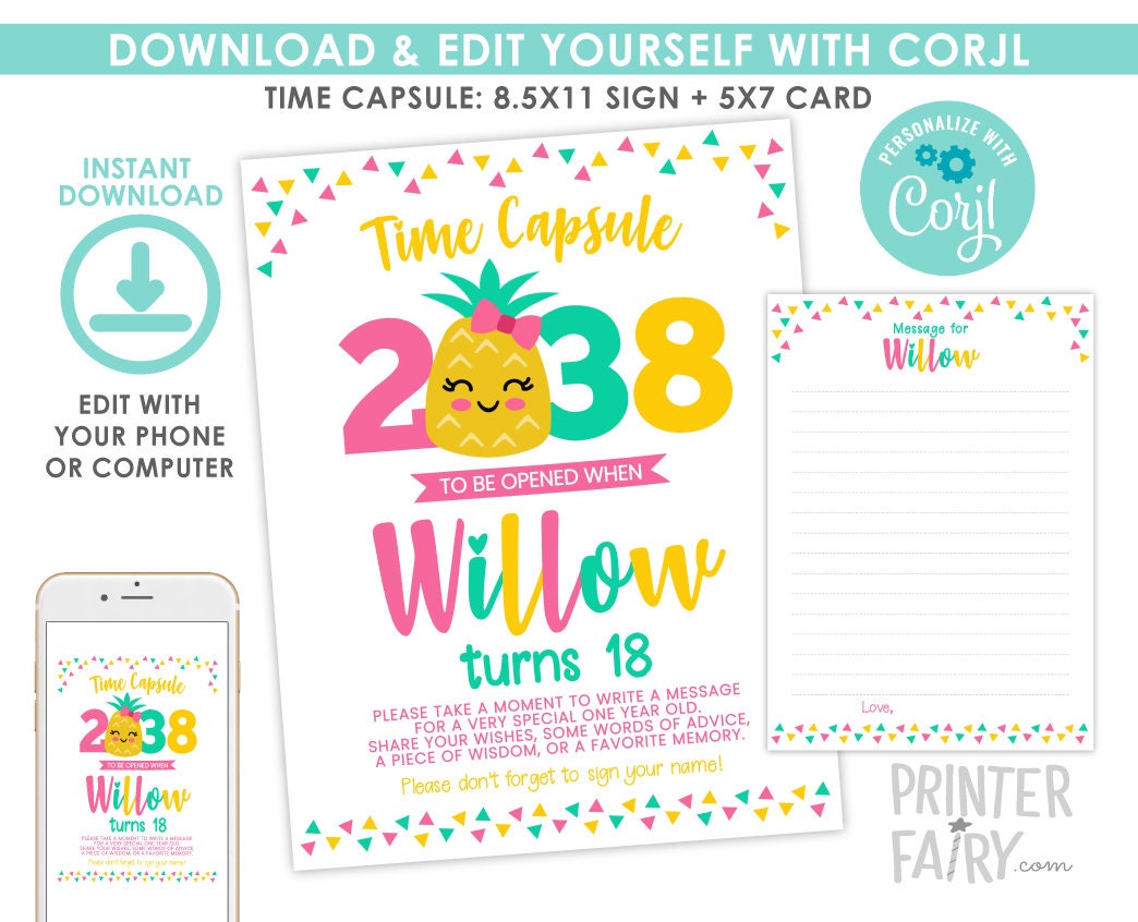 Pineapple Time Capsule 1st Birthday, EDITABLE Sign and Card (digital ...