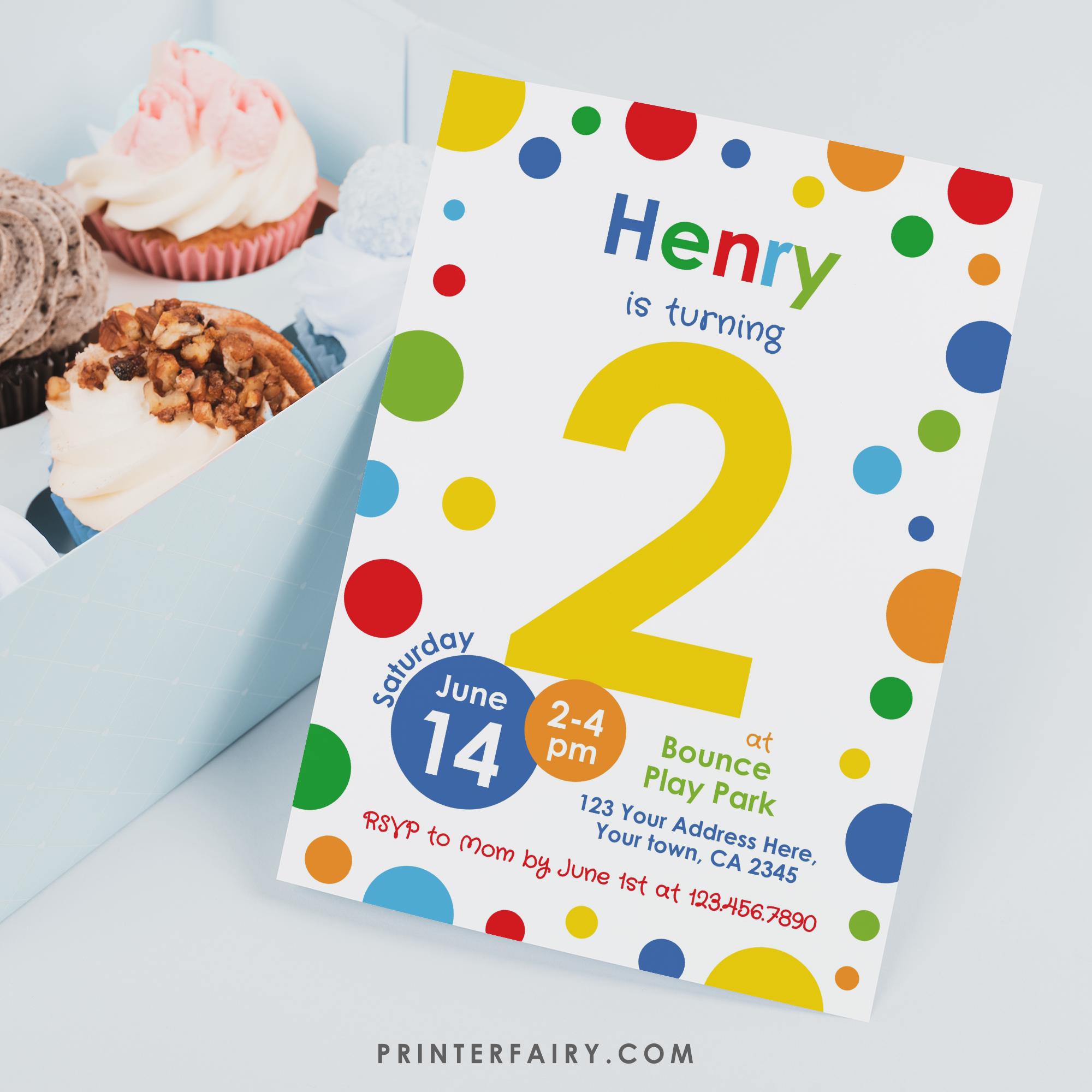 Primary Colors 2nd Birthday Invitation Editable Template, Confetti ...