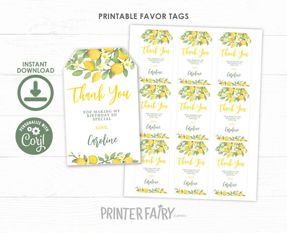 Lemon Favor Tags, Editable, Citrus Thank Tags, Lemonade Birthday Party ...