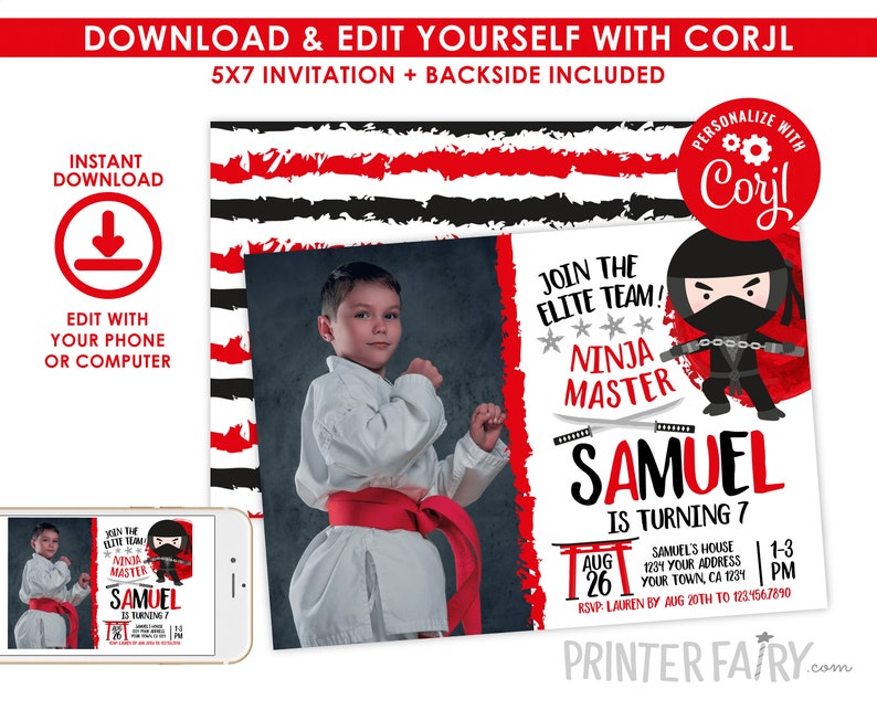 Ninja Birthday Invitation, EDITABLE Invitation, Martial Arts Birthday ...