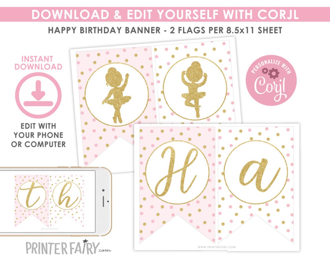 Ballerina Birthday Banner, EDITABLE, Ballet Birthday Party Decorations ...