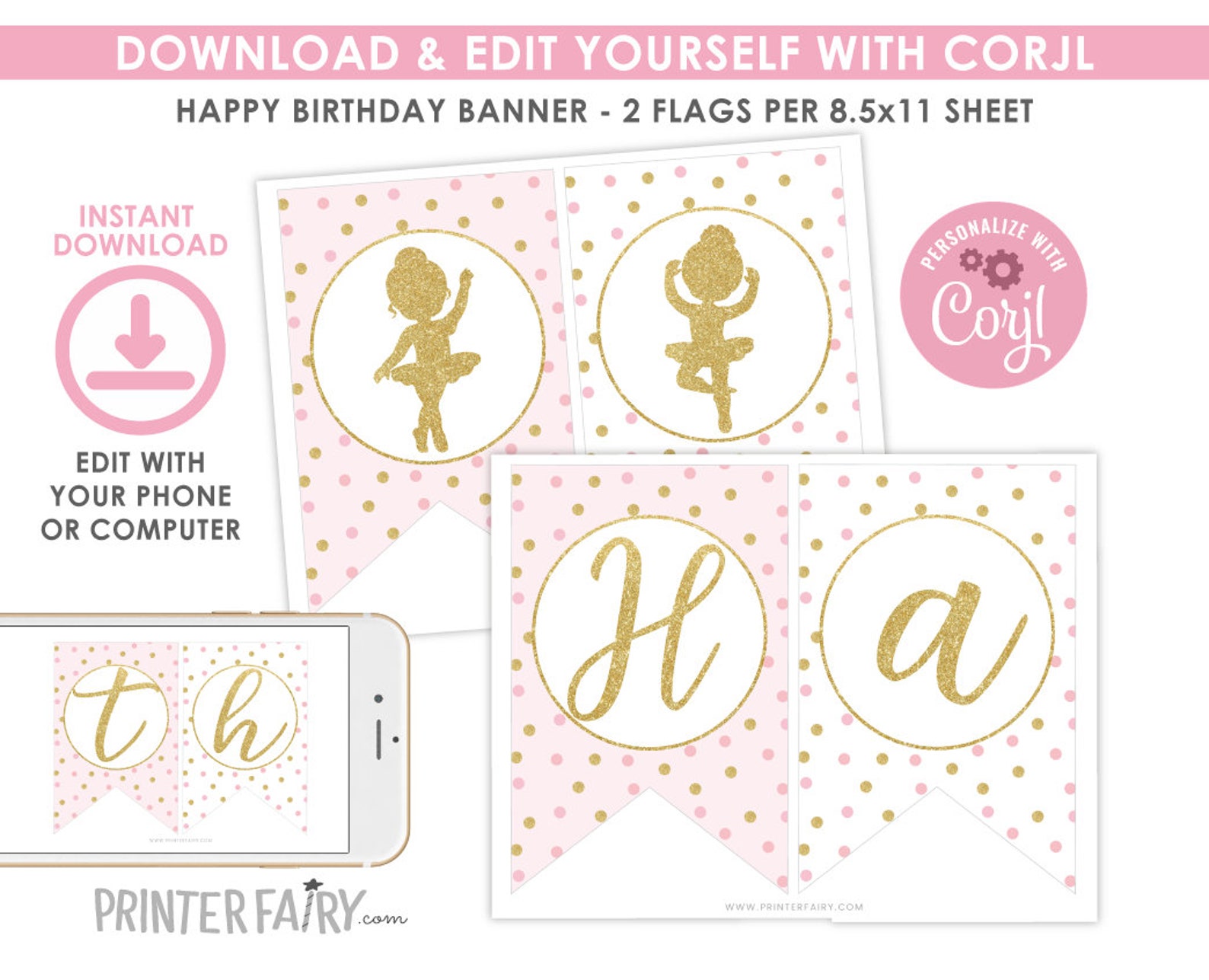 Ballerina Birthday Banner, EDITABLE, Ballet Birthday Party Decorations ...
