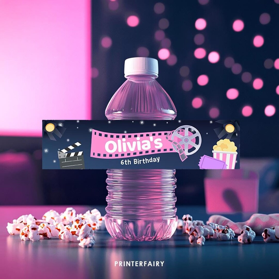 Movie Birthday Water Bottle Label, Editable Movie Night Birthday Party ...