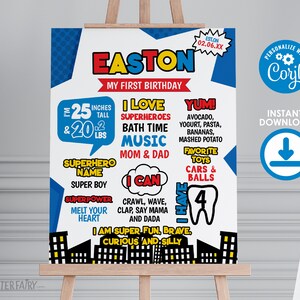 Superhero First Birthday Stats Sign, Editable, Little Superhero Party ...