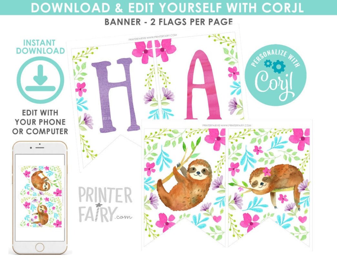 Sloth Banner, EDITABLE, Sloth Birthday Party, EDIT YOURSELF, Sloth ...