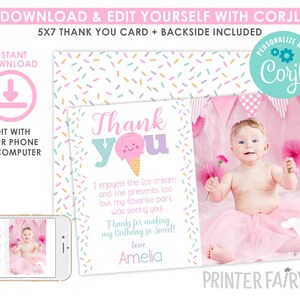 Ice Cream Thank You Cards With Photo, EDITABLE, Ice Cream Thank You ...