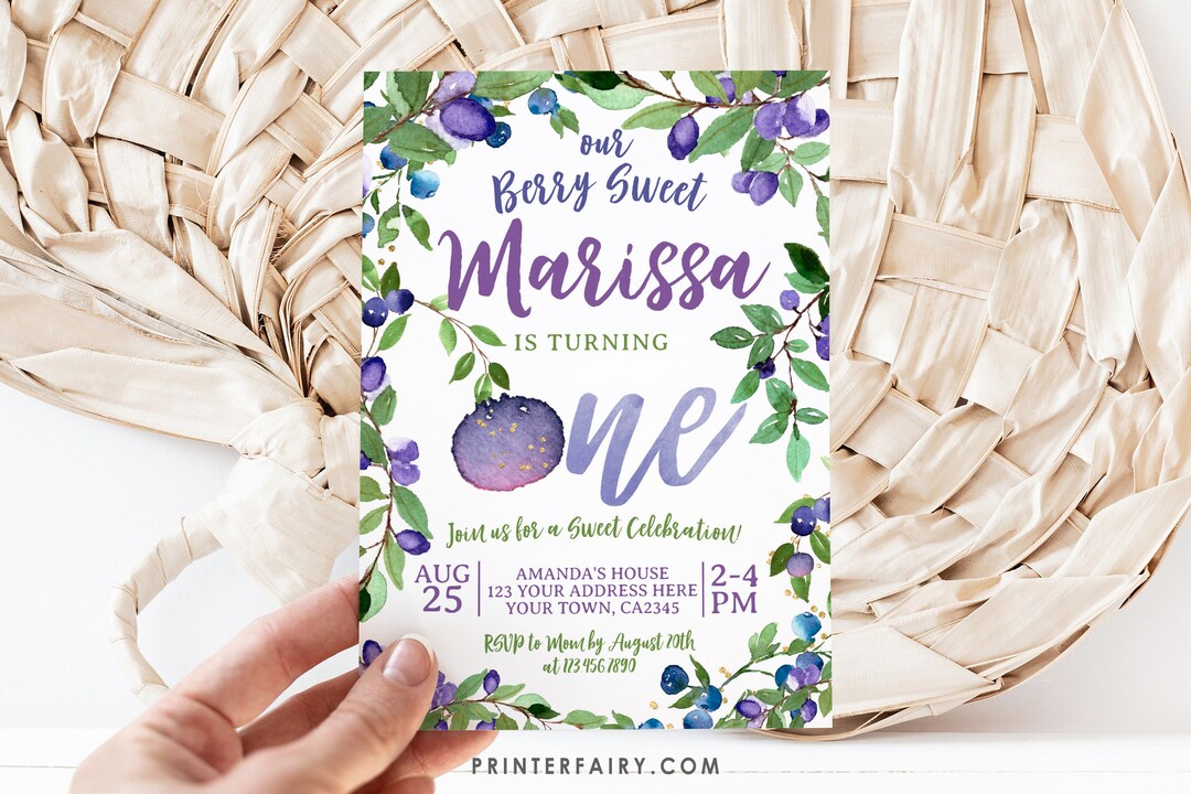 Blueberry First Birthday Invitation, EDITABLE, Sweet One, Berry Sweet ...