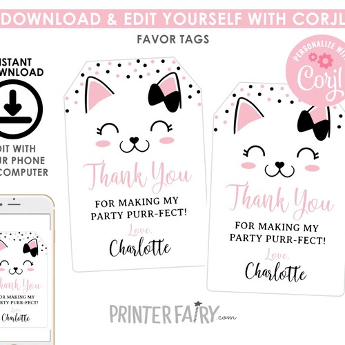 Kitten Party Favor Tags Kitty Cat Birthday Girl Printable - Etsy