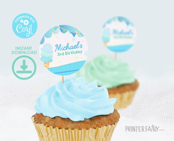 Ice Cream Birthday Party Toppers, EDITABLE, Ice Cream Party, Summer ...
