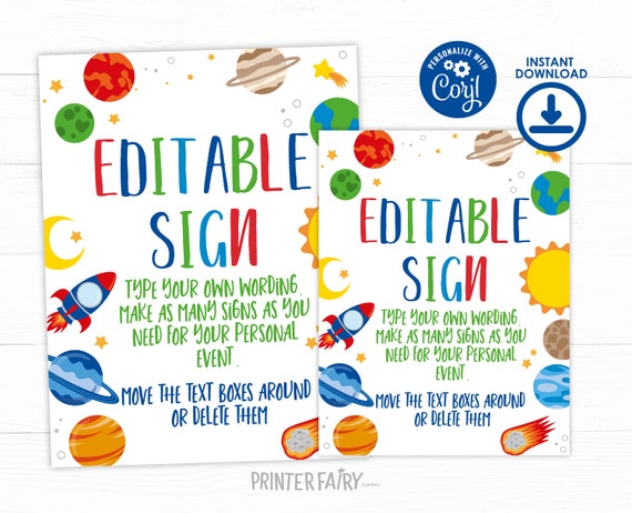 Space Birthday Editable Sign, Outer Space Birthday Party, Planets ...