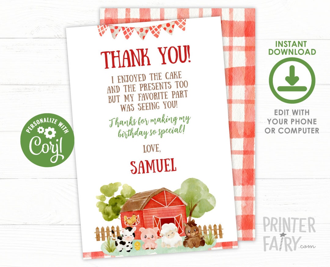 Farm Thank You Cards, EDITABLE, Farm Birthday Party, Barnyard Birthday ...