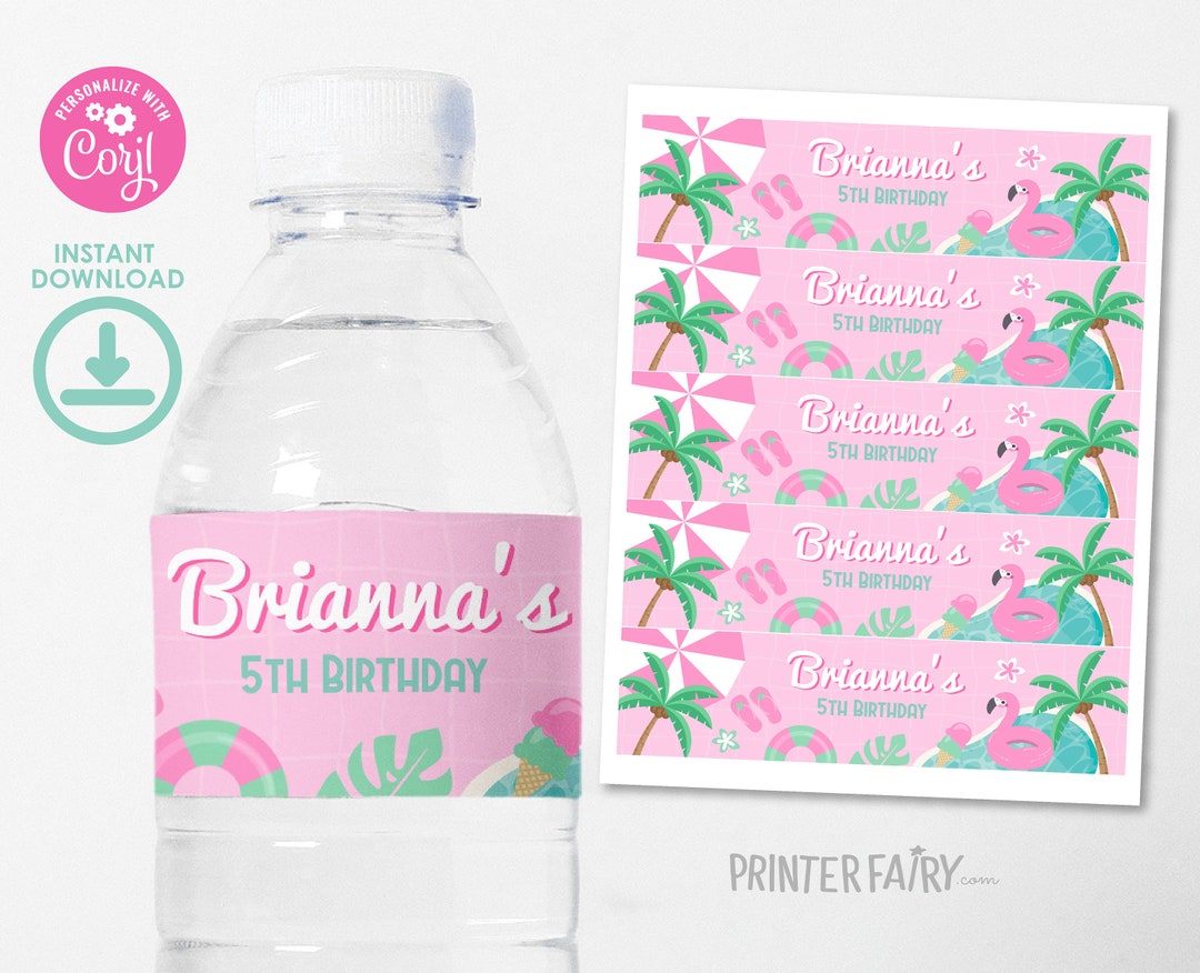 Pink Pool Party Water Bottle Label, Editable, Pink Birthday Party Water ...