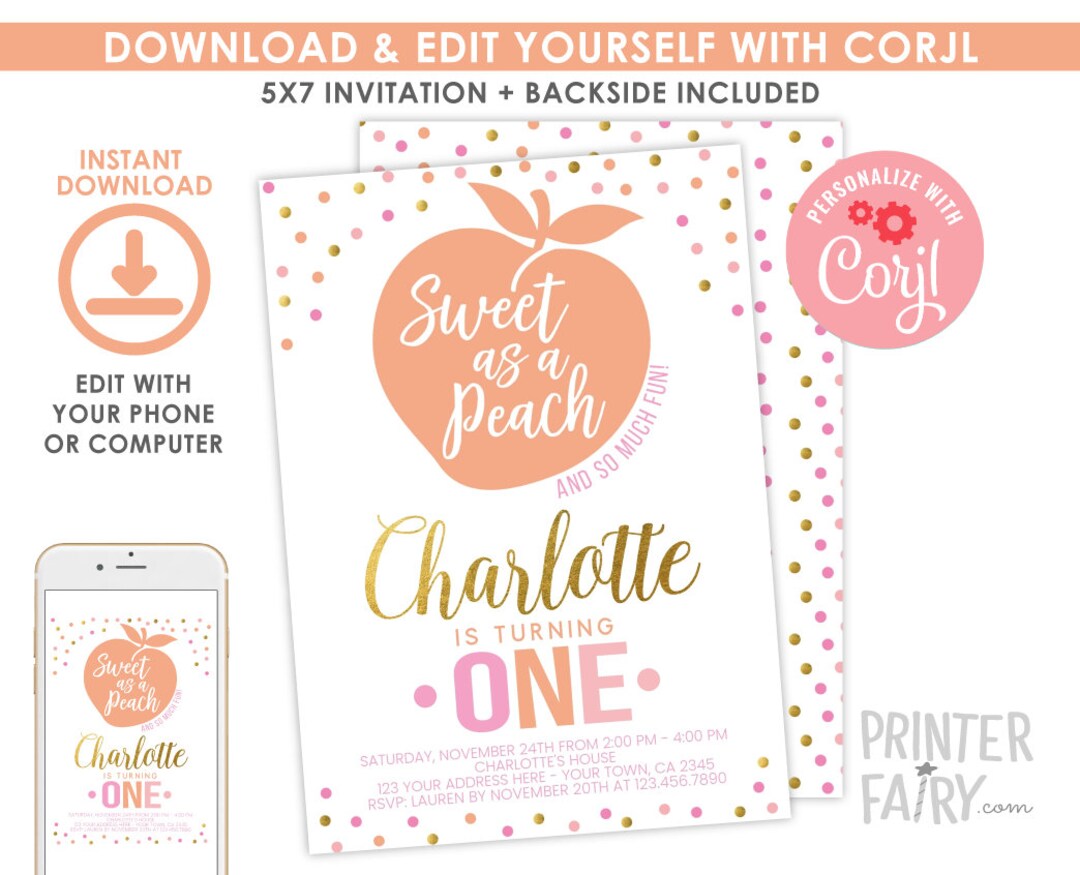 Peach Invitation, EDITABLE, Sweet as a Peach Birthday Party, Peach ...