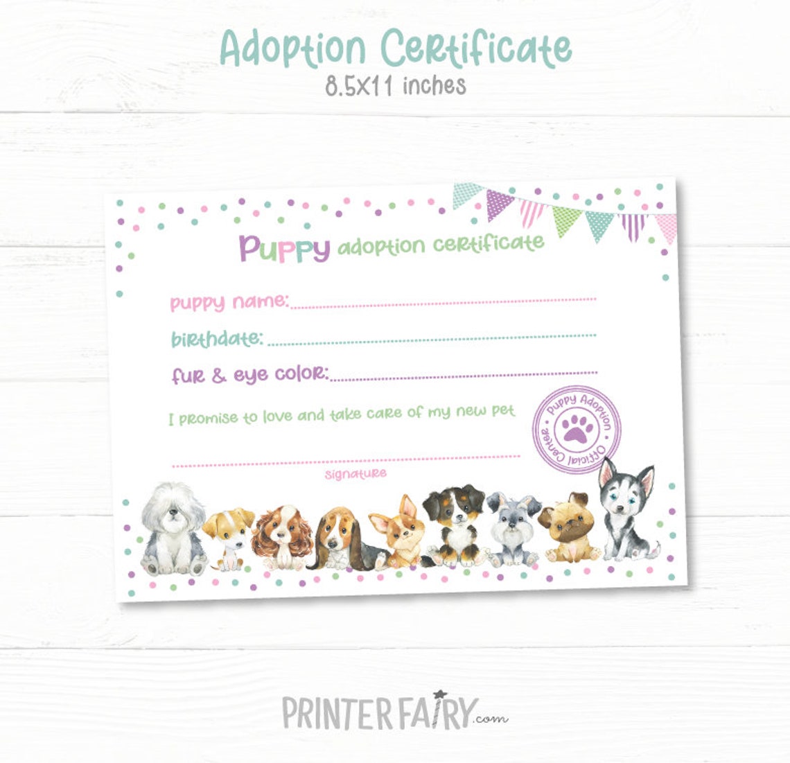 Puppy Adoption Certificate Puppy Party Games Adopt a Puppy - Etsy