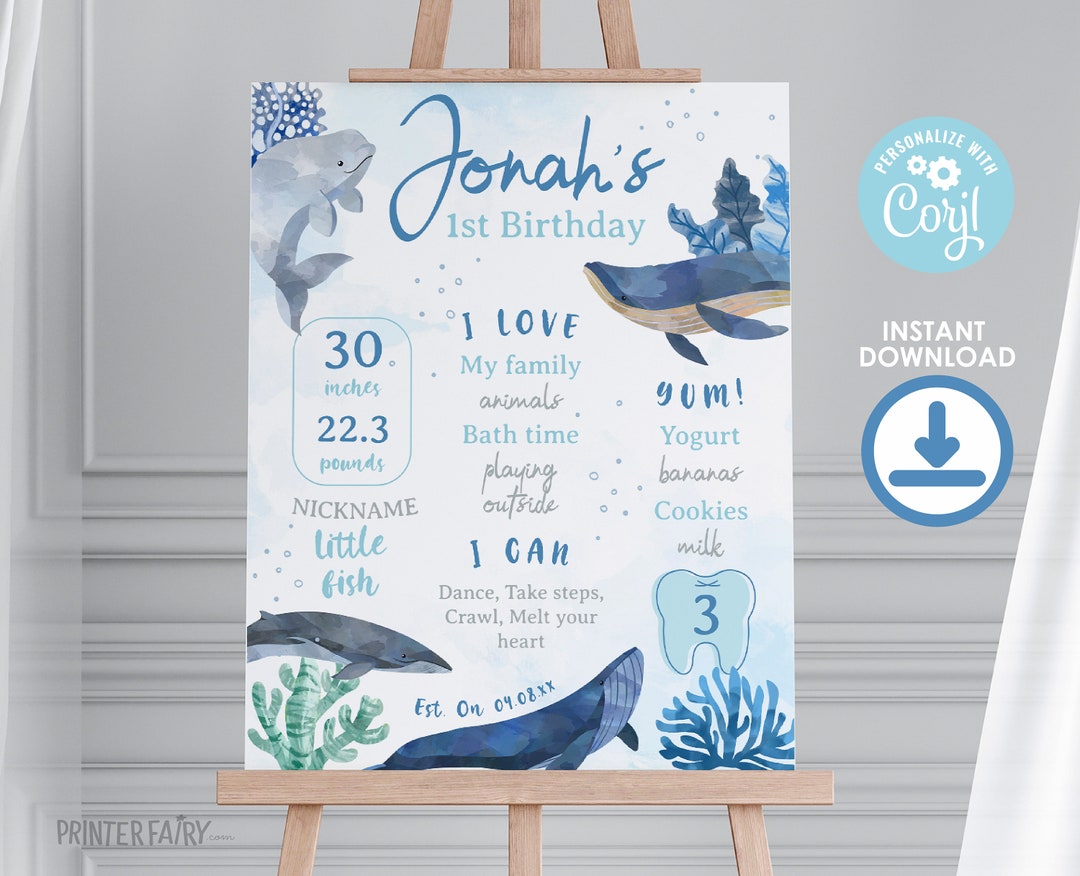 Under the Sea First Birthday Board, Whales First Birthday Stats, Ocean ...