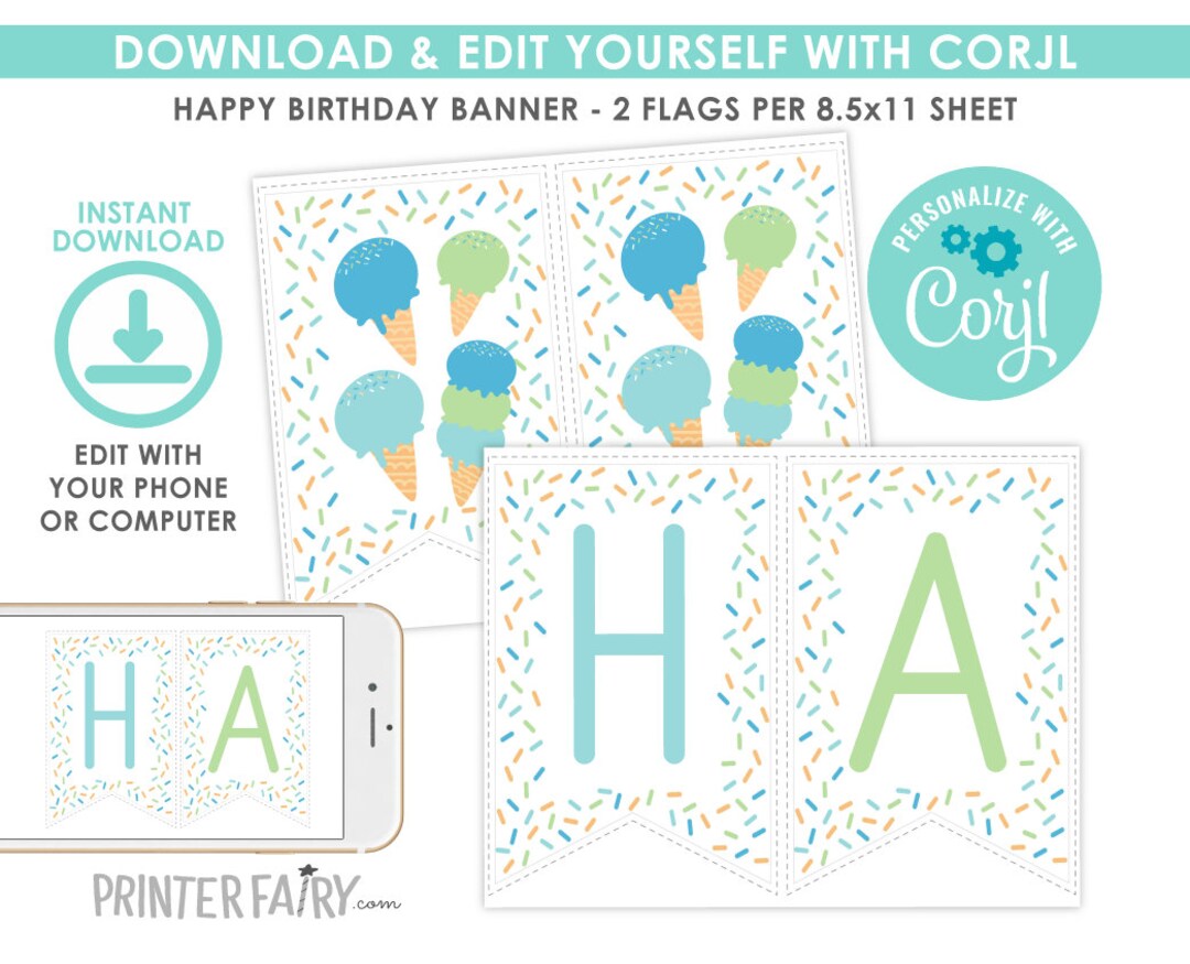 Ice Cream Banner, EDITABLE, Ice Cream Printable Banner, EDIT YOURSELF ...
