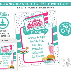 Diner Menu, 50s Birthday Party, Retro Birthday Party, Editable Menu ...