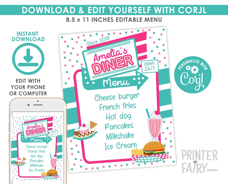 Diner Menu 50s Birthday Party Retro Birthday Party Editable - Etsy