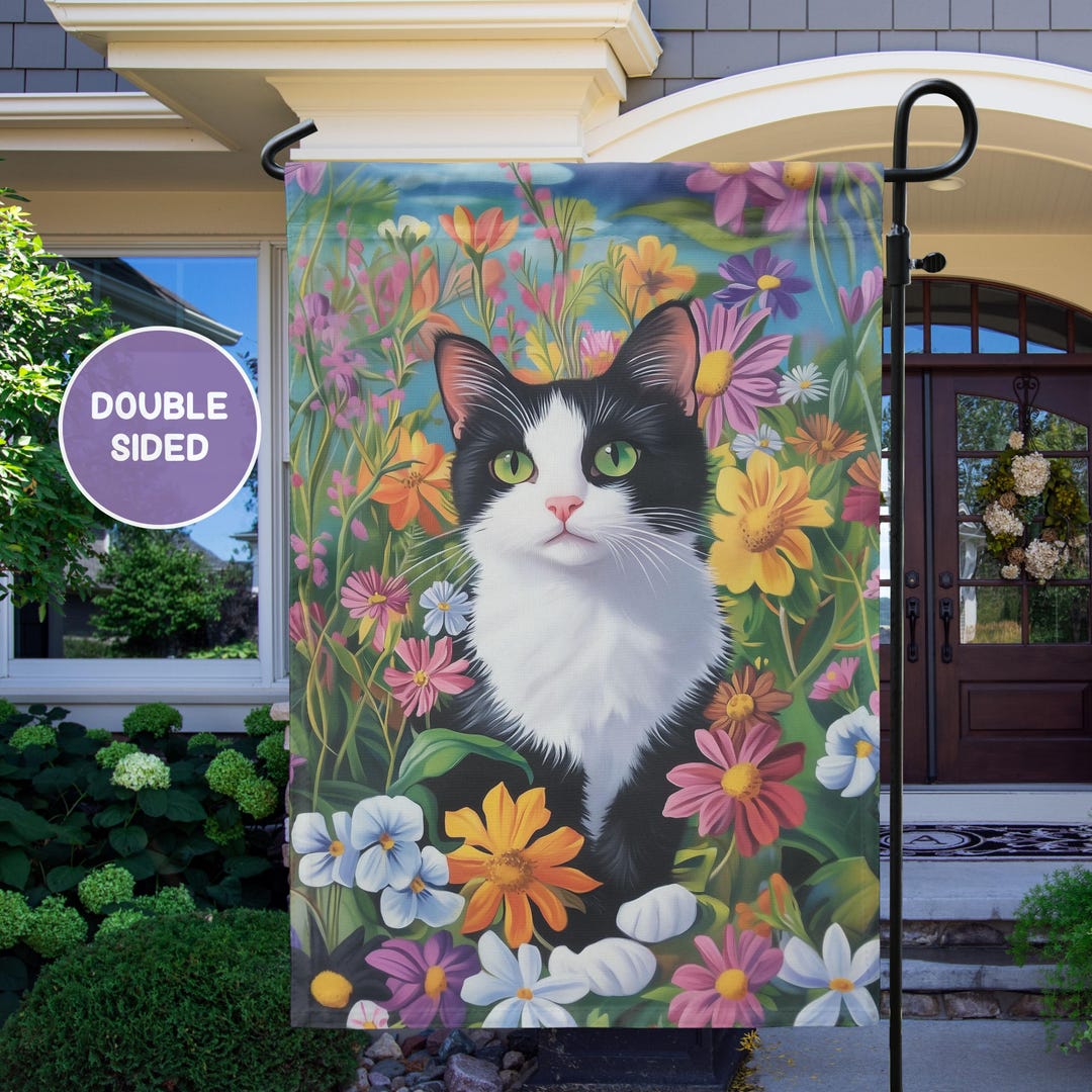 Black and White Tuxedo Cat Garden Flag With Spring Flowers, Cat Lover ...