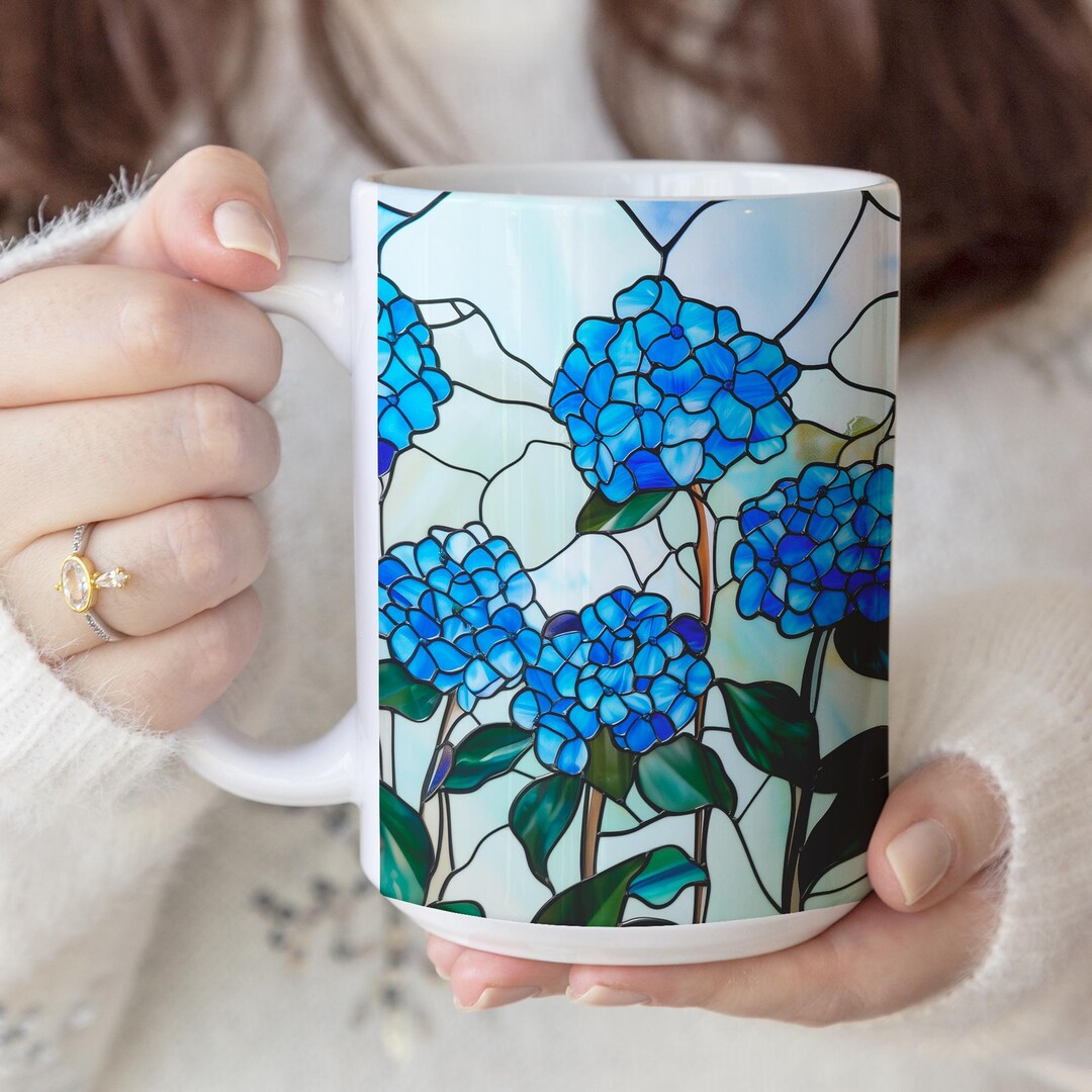 Stained Glass Blue Hydrangeas Flower Mug, Spring Floral Coffee Cup ...
