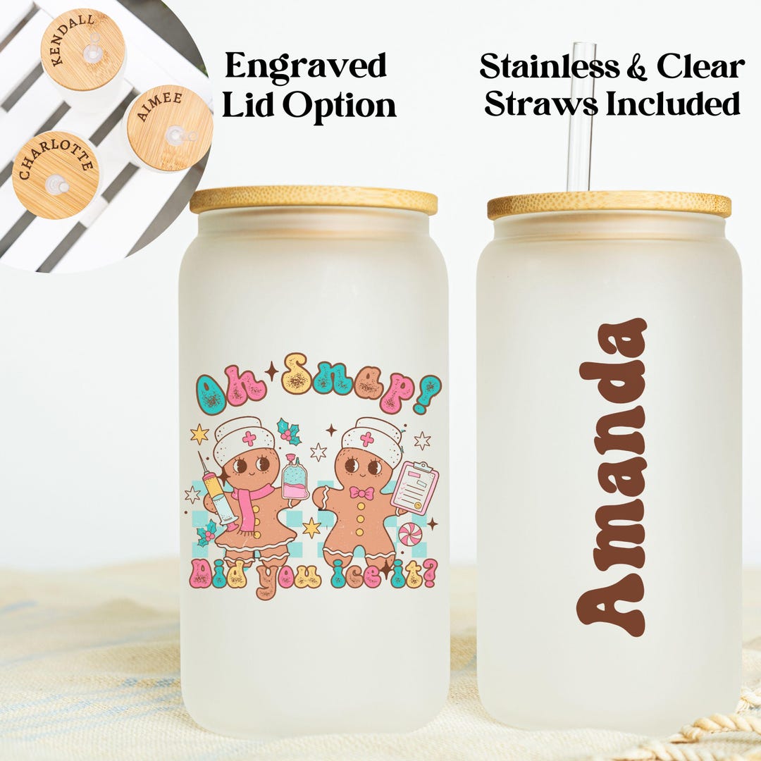 Funny Personalized Gingerbread Man Nurses Frosted Glass Iced Coffee Cup ...