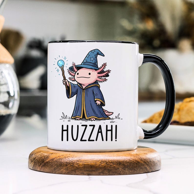 Huzzah Axolotl Mug, Funny Wizard Animal Cup, Magic Lizard Coffee Mug ...
