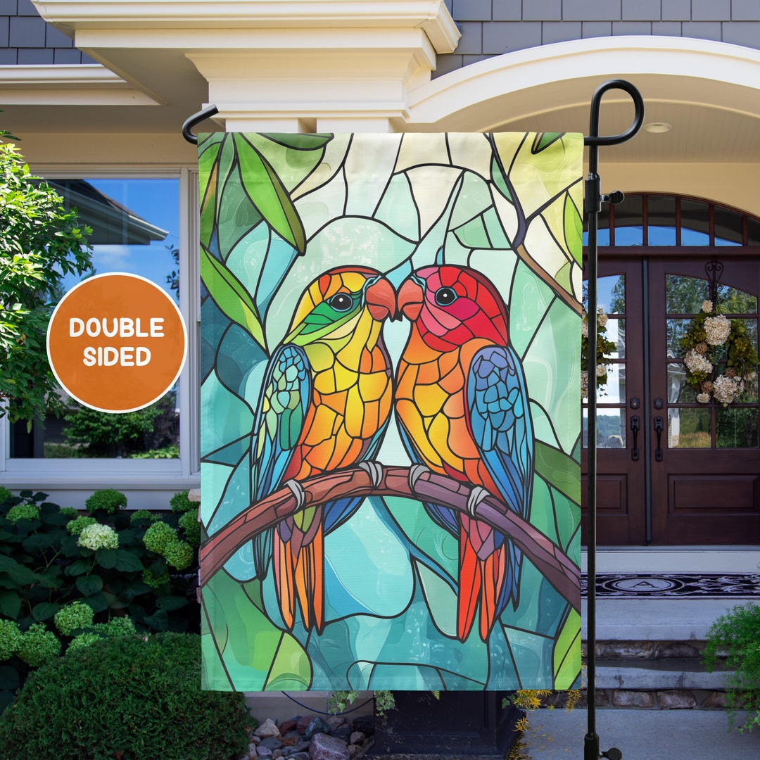 Tropical Love Birds Garden Flag, Lovebirds Summer Garden Flag, Stained ...