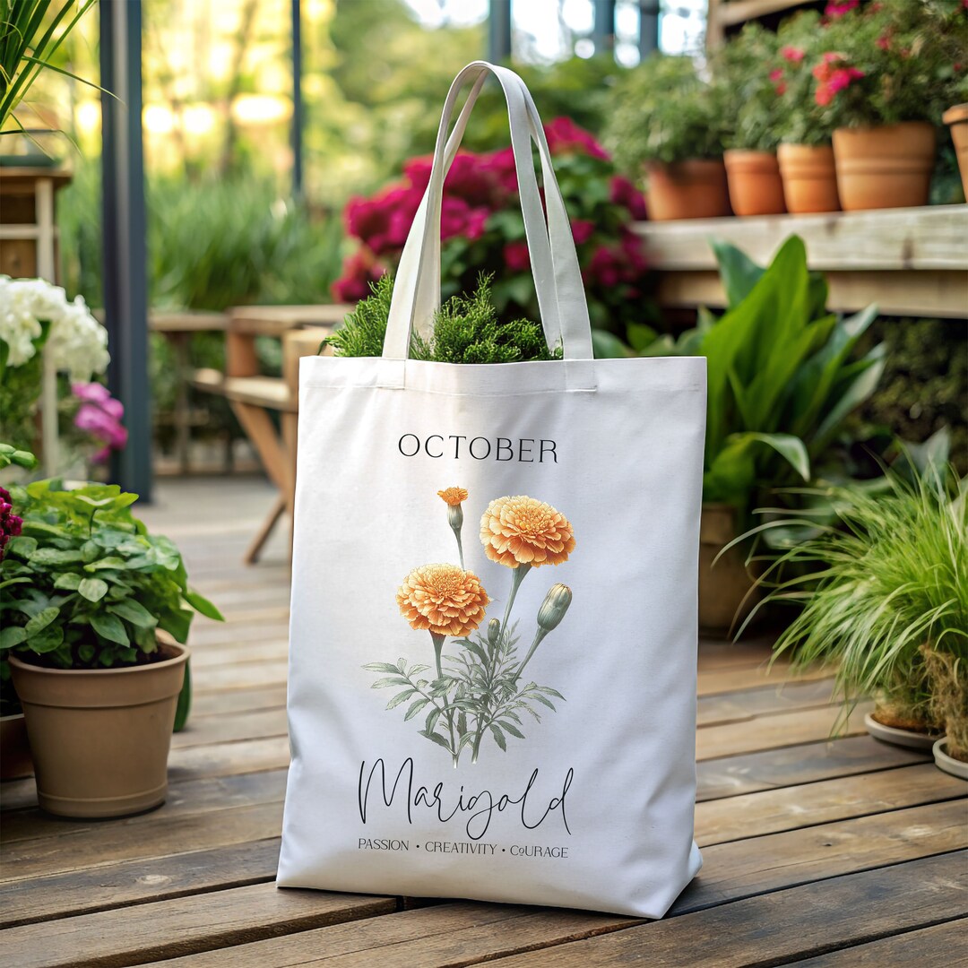 October Marigold Birth Month Flower Tote Bag With Meaning Birthday Gift ...