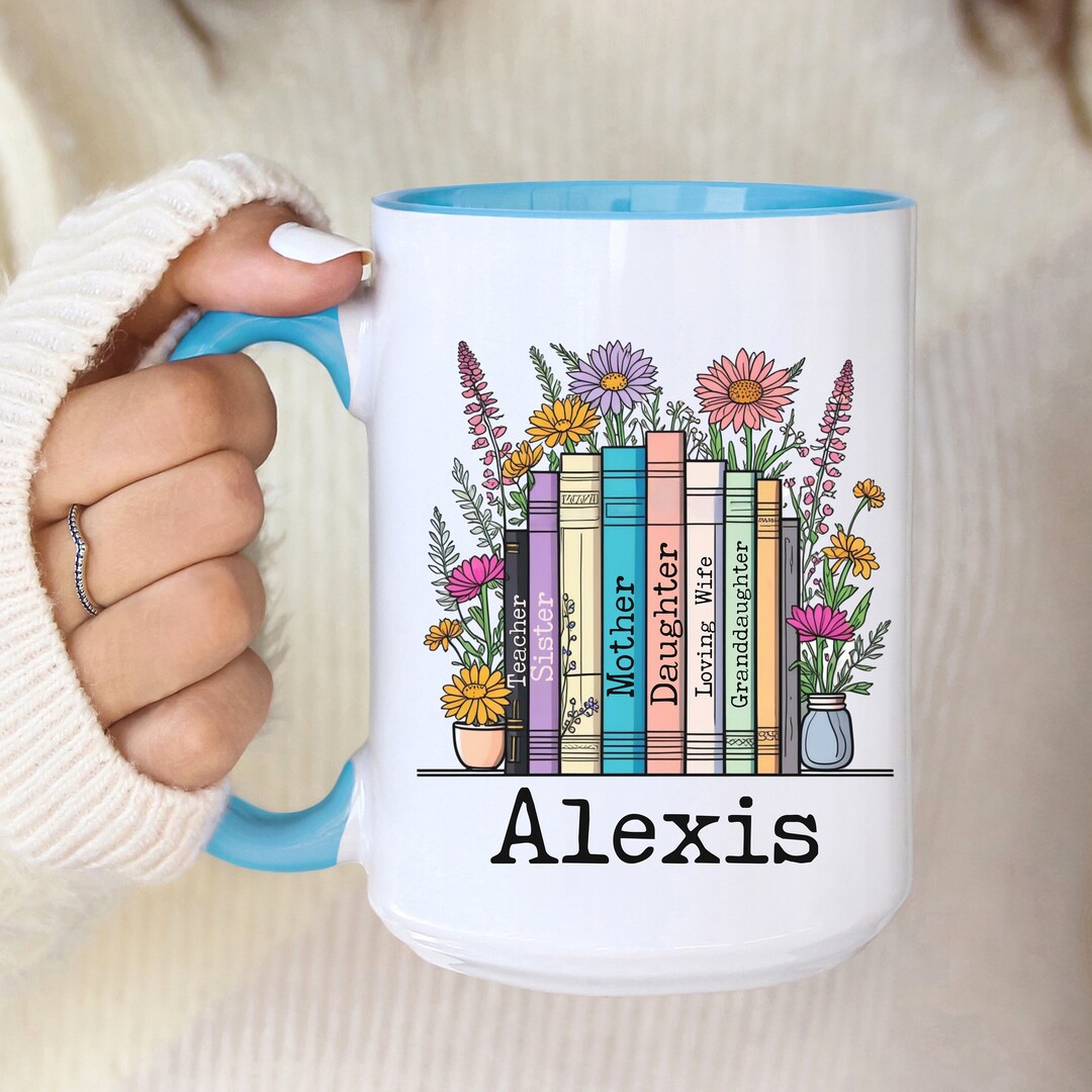 Personalized Floral Books Mug, Favorite Bookshelf Coffee Mug, Custom ...