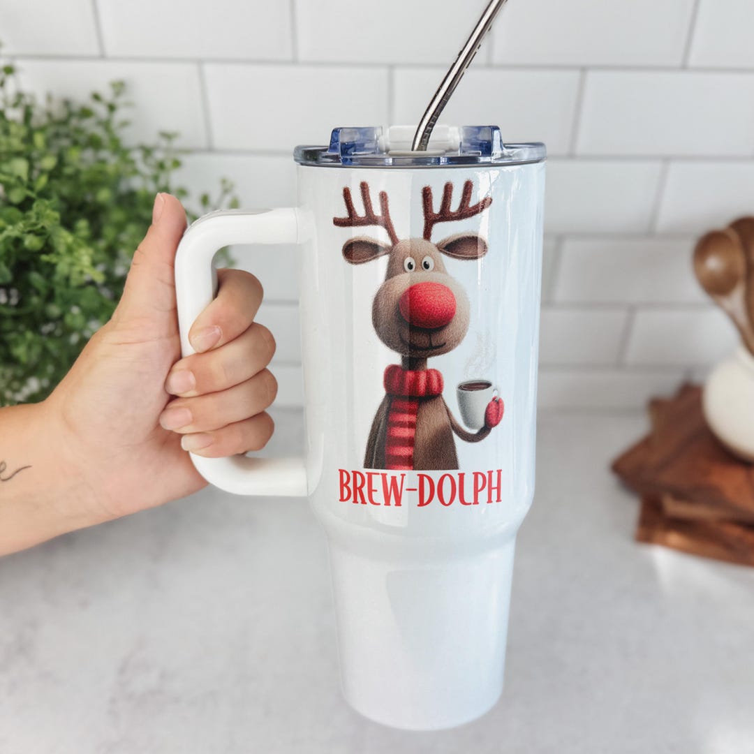 Brew-dolph Christmas Reindeer Tumbler, Funny Holiday Coffee Cup, 20 or ...