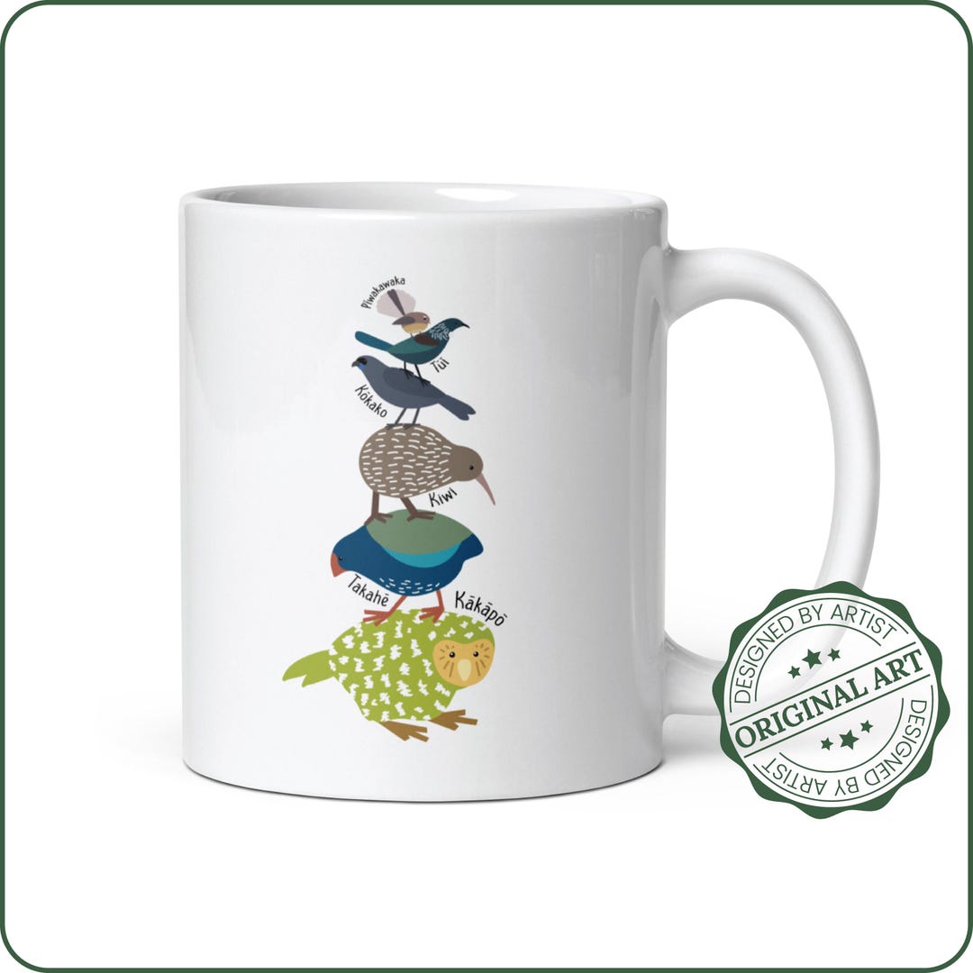 New Zealand Bird Stack Mug | White Glossy Mug | New Zealand Bird Gift ...