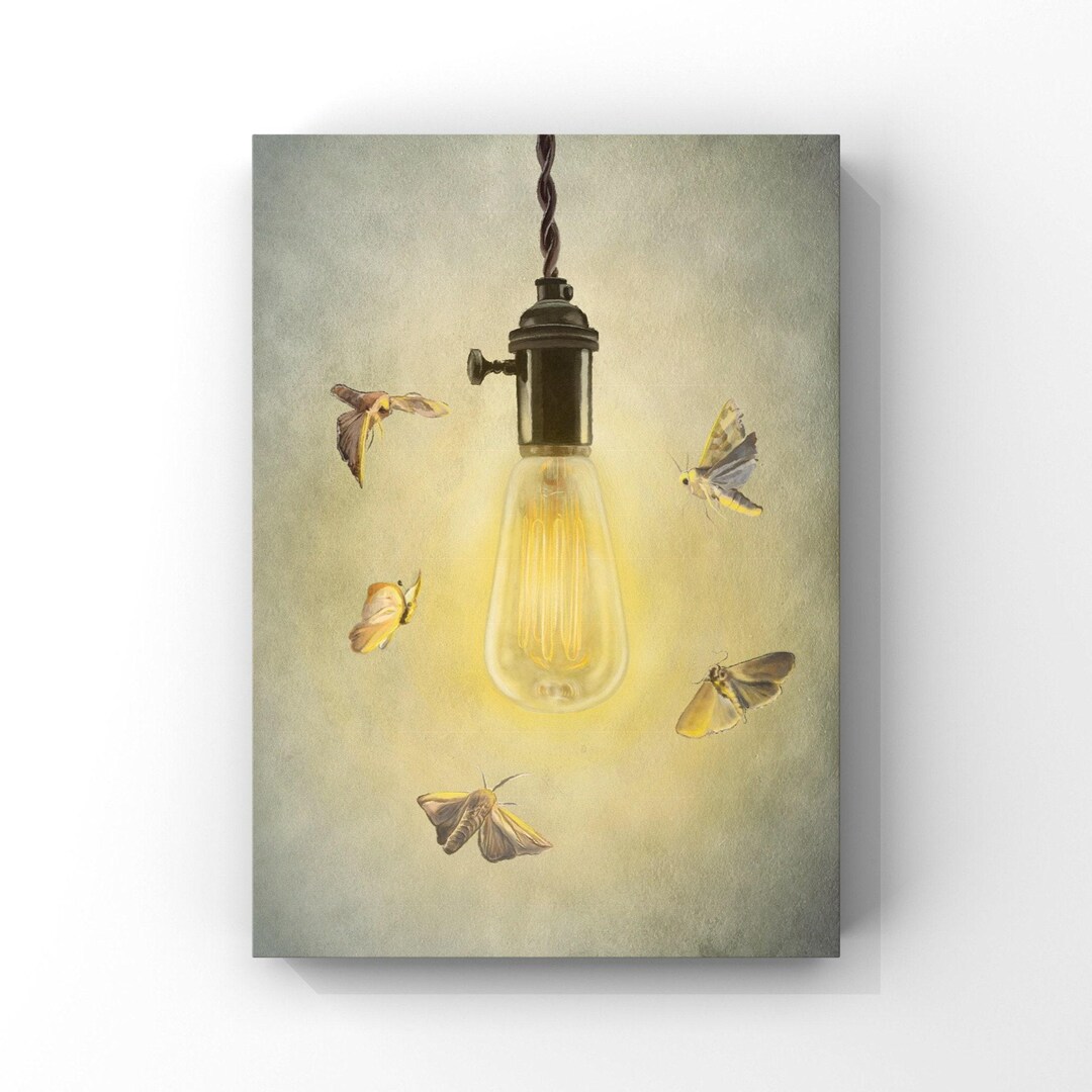 Moth Art Print, Edison Lightbulb Painting, Moths Around a Flame Art ...