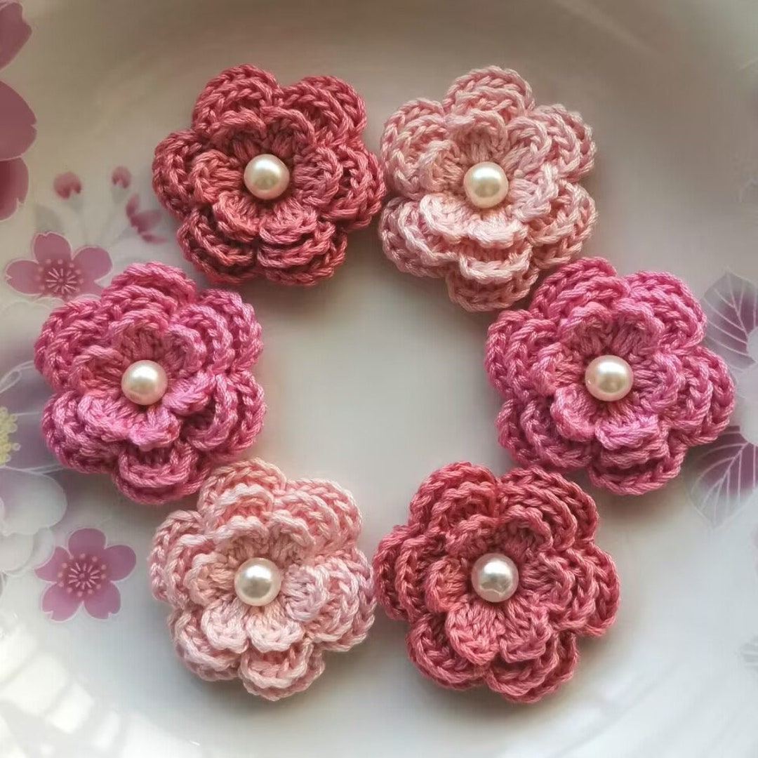 6 Crochet Flowers With Pearls in Lt Pink, Rose Bloom, Dusty Rose Mauve ...