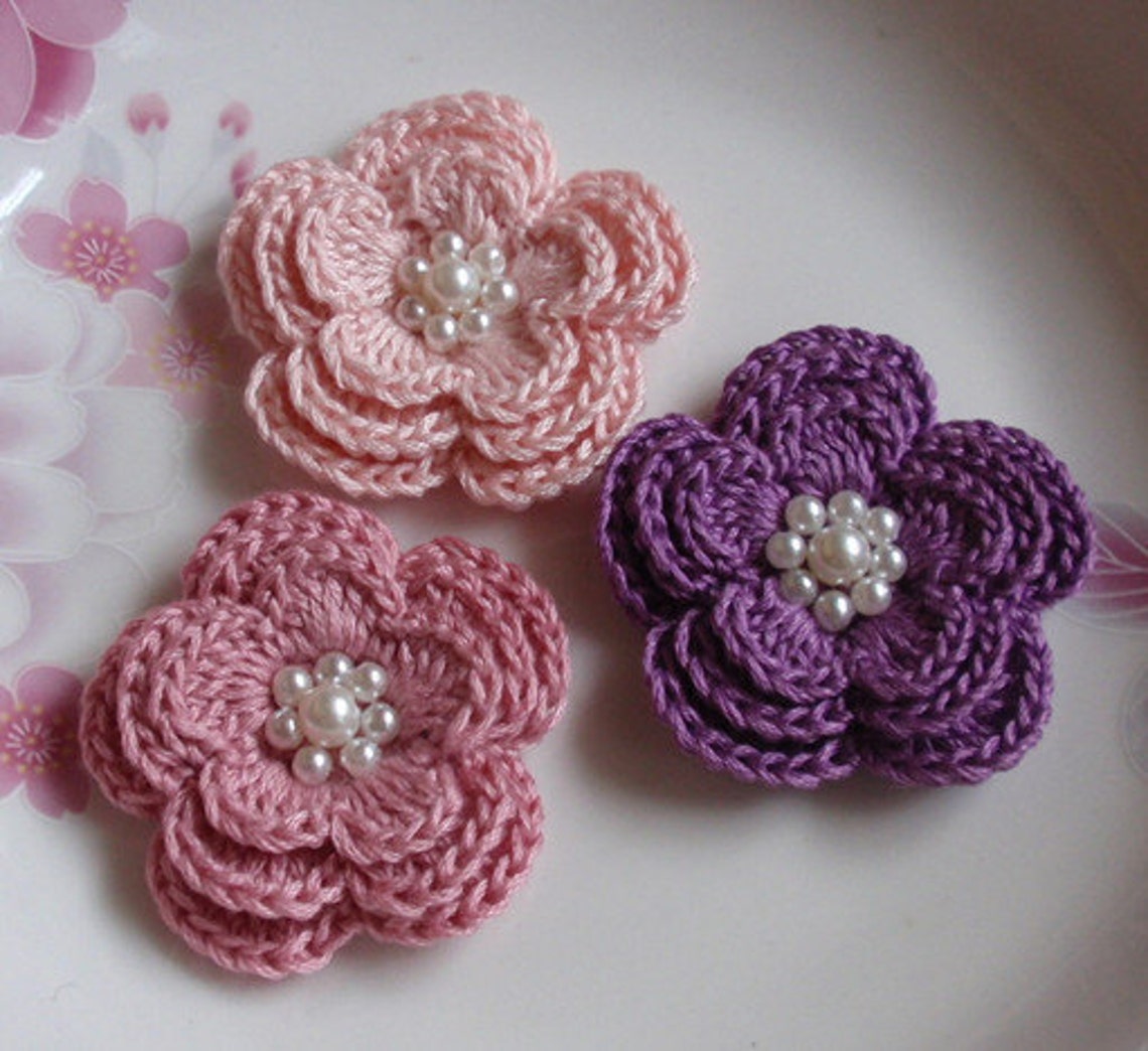 3 Crochet Flowers With Pearls In Lt pink Dusty pink Purple | Etsy
