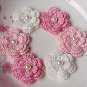 6 Crochet Flowers With Pearls in Ginger Snap, Lt Pink, Carmandy YH-013 ...