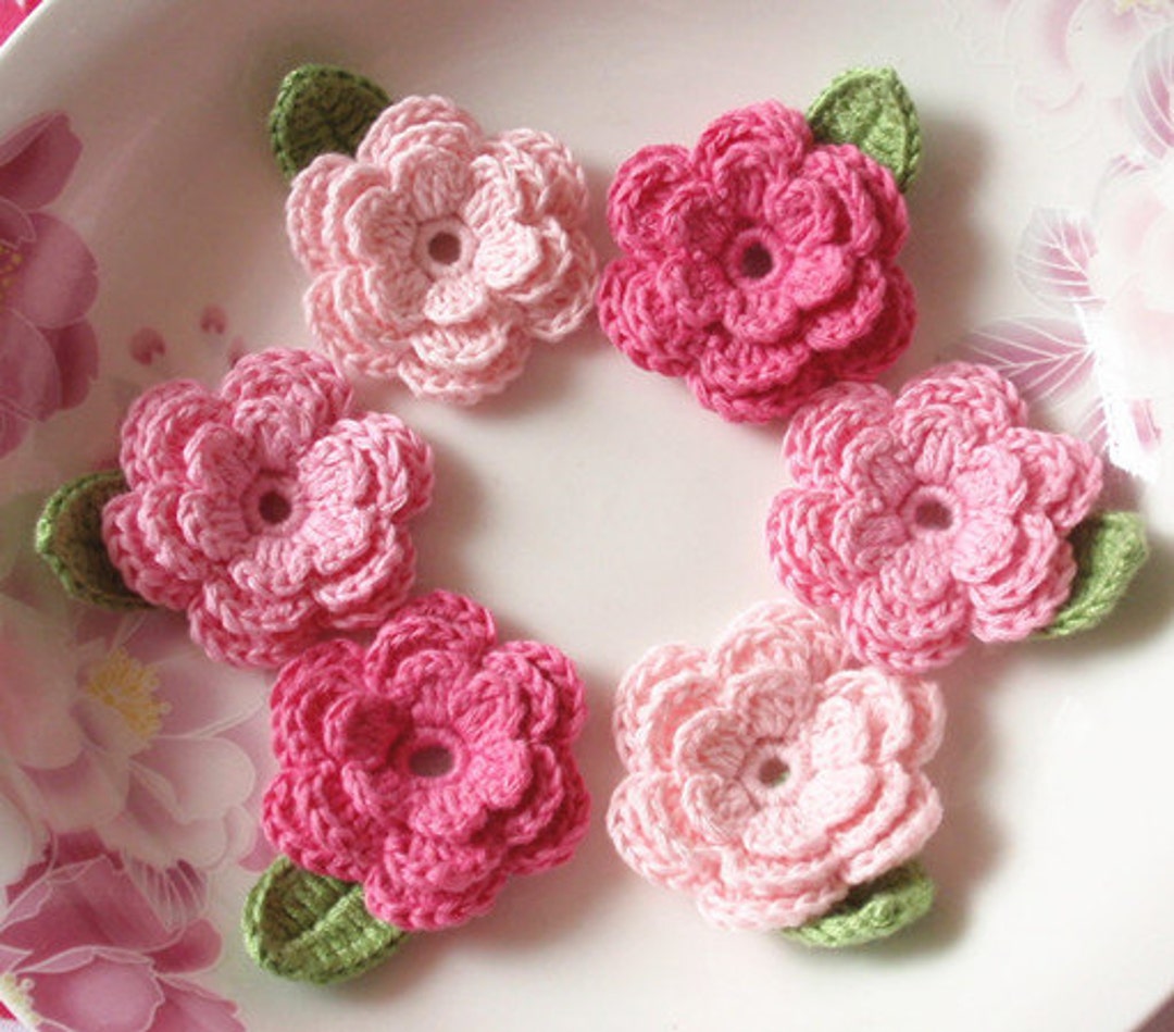 6 Crochet Flowers With Leaves in Lt Pink, Pink, Hot Pink YH-014-08 - Etsy