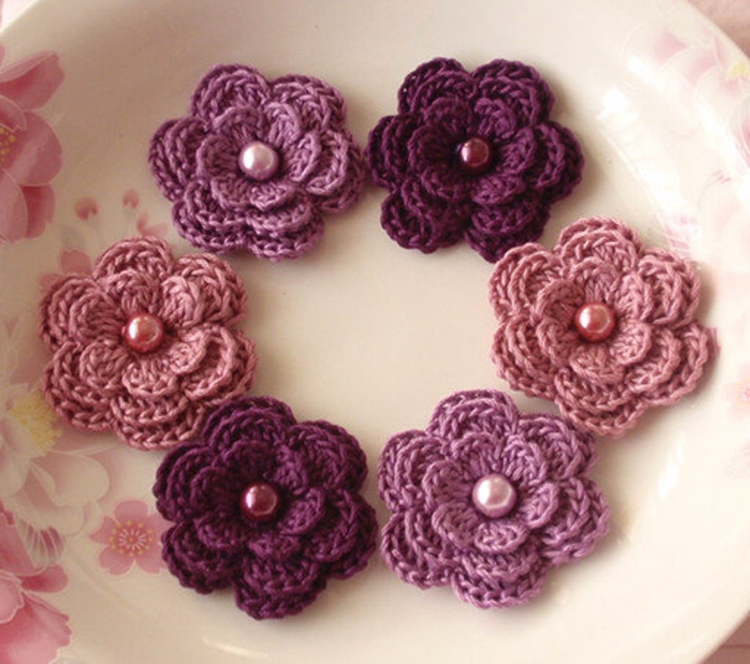 6 Crochet Flowers With Pearls in Purple, Plum, Rose Mauve YH-013-27 - Etsy