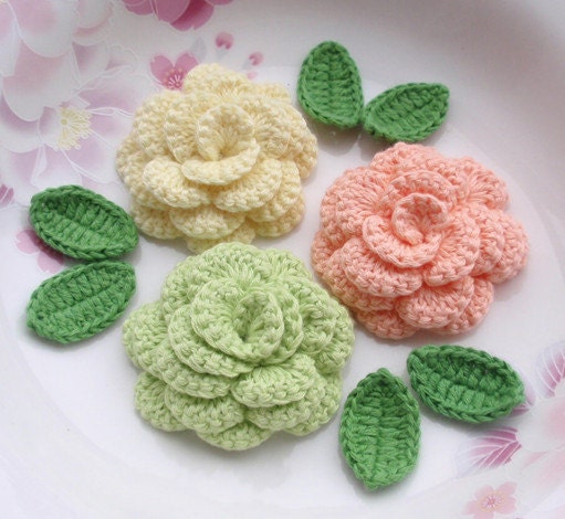 3 Crochet Flowers Roses With Leaves YH 142-09 | Etsy