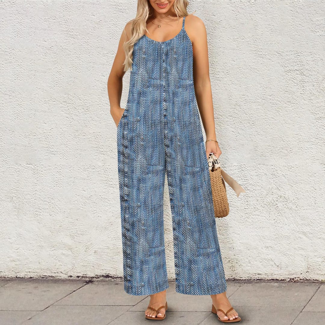 Plus Size Wide Leg Vintage Denim Look Jumpsuit Jumper Overalls | Blue ...