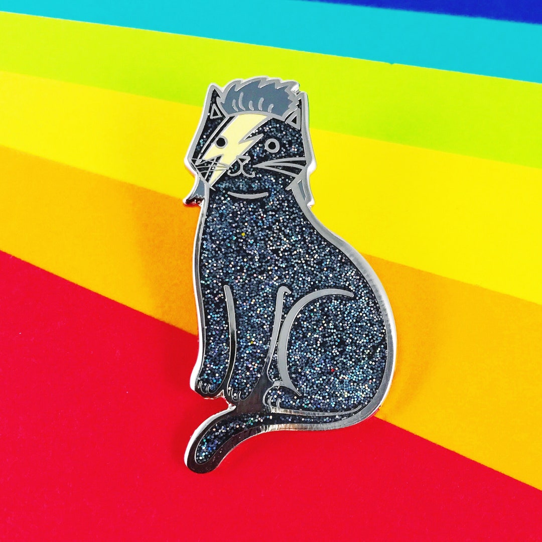 Bowie Cat Enamel Pin - Black Rainbow Glitter Bowie Cat Pin -glitter Cat ...