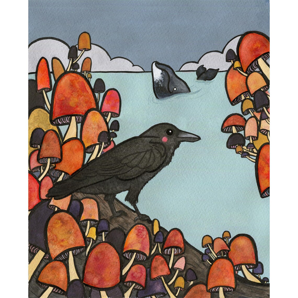 Raven and Whale Mushroom Art-mythology Watercolor Print - Etsy