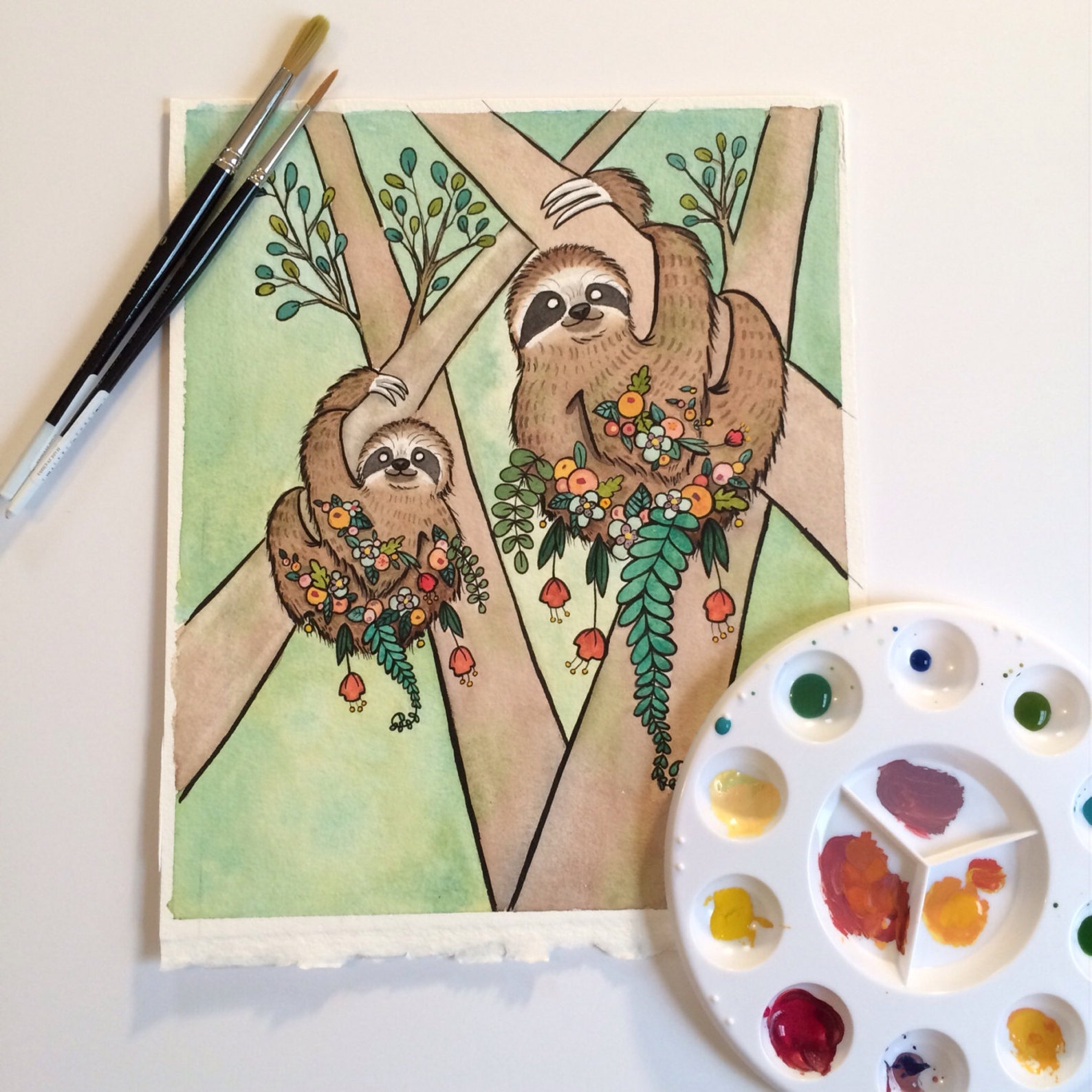 Sloth Garden Sloth Art Giclee Print Sloth Watercolor | Etsy