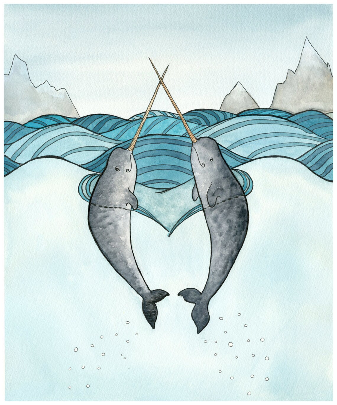 Cute Narwhals Small Art Print - From Original Watercolor Painting 5x7 ...