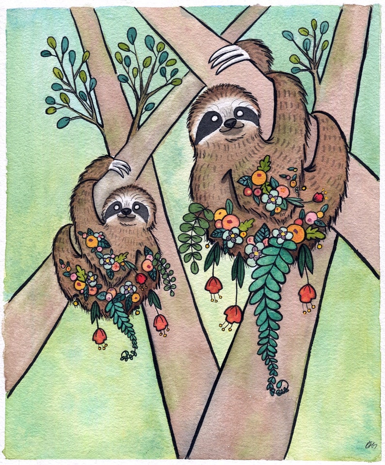 Sloth Garden Sloth Art Giclee Print Sloth Watercolor | Etsy