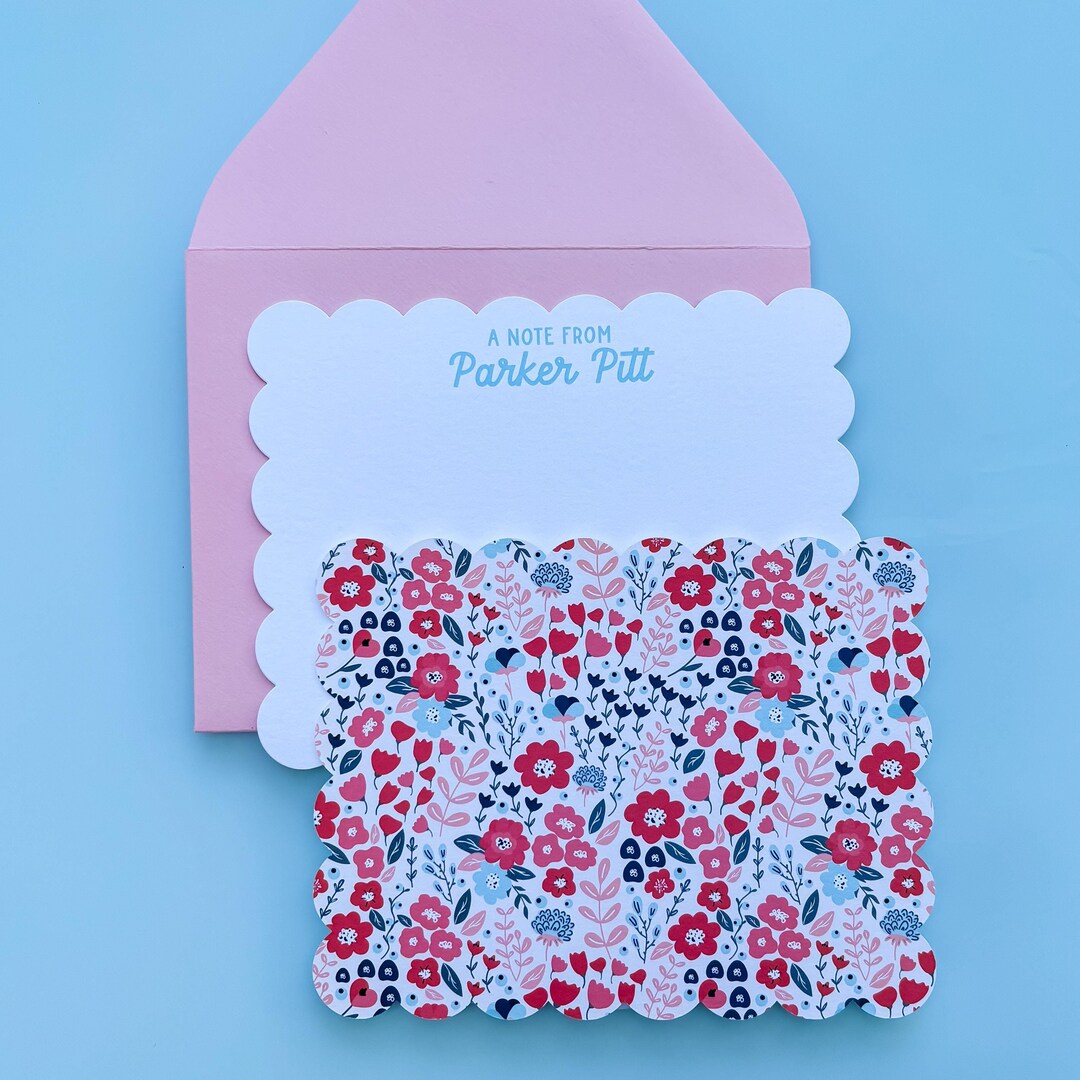 Floral Scallop Note Card Set, Personalized Stationery, Pink Envelopes ...