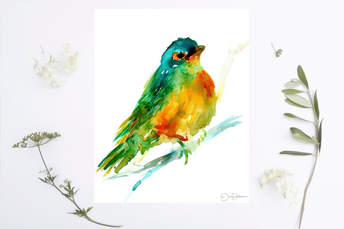 Bird Watercolor Print | "cooper the Green Bird" by Jess Buhman ...