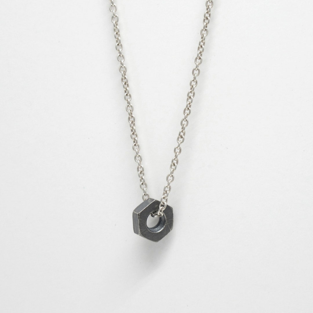 Hardware Necklace for Men and Women. Small Silver Hex Nut Pendant ...