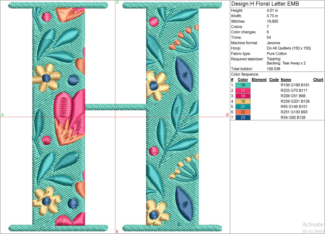 Floral Letter H Embroidery File Beautiful Bohemian Flower | Etsy UK